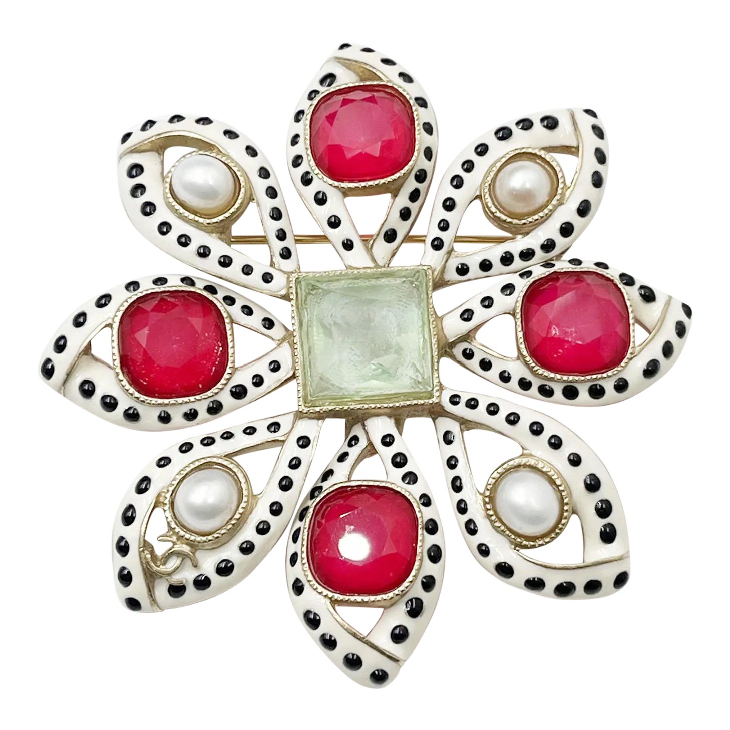 Chanel White Black Polka Dot Red Gem Pearl Large Brooch | Chairish