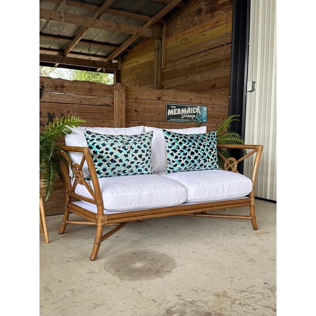 McGuire Organic Modern Rattan Target Settee Loveseat Custom Upholstered Chairish