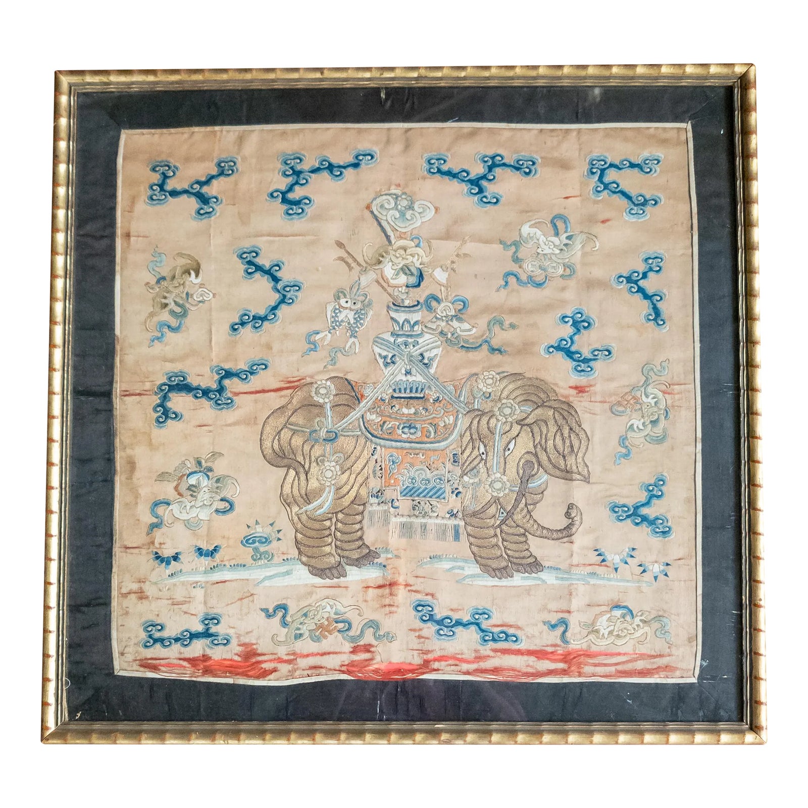 19th Century Chinese Silk Embroidered Textile of an Elephant in Gold ...