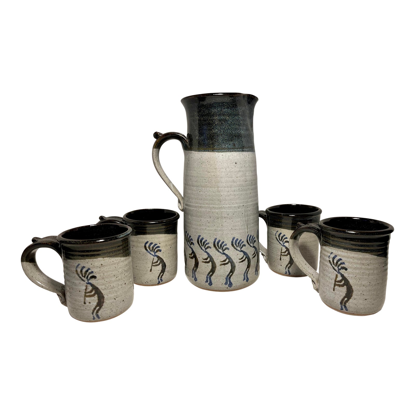 1980s Mel Cornshucker Art Studio Cherokee Pottery Pitcher and Four Cups ...