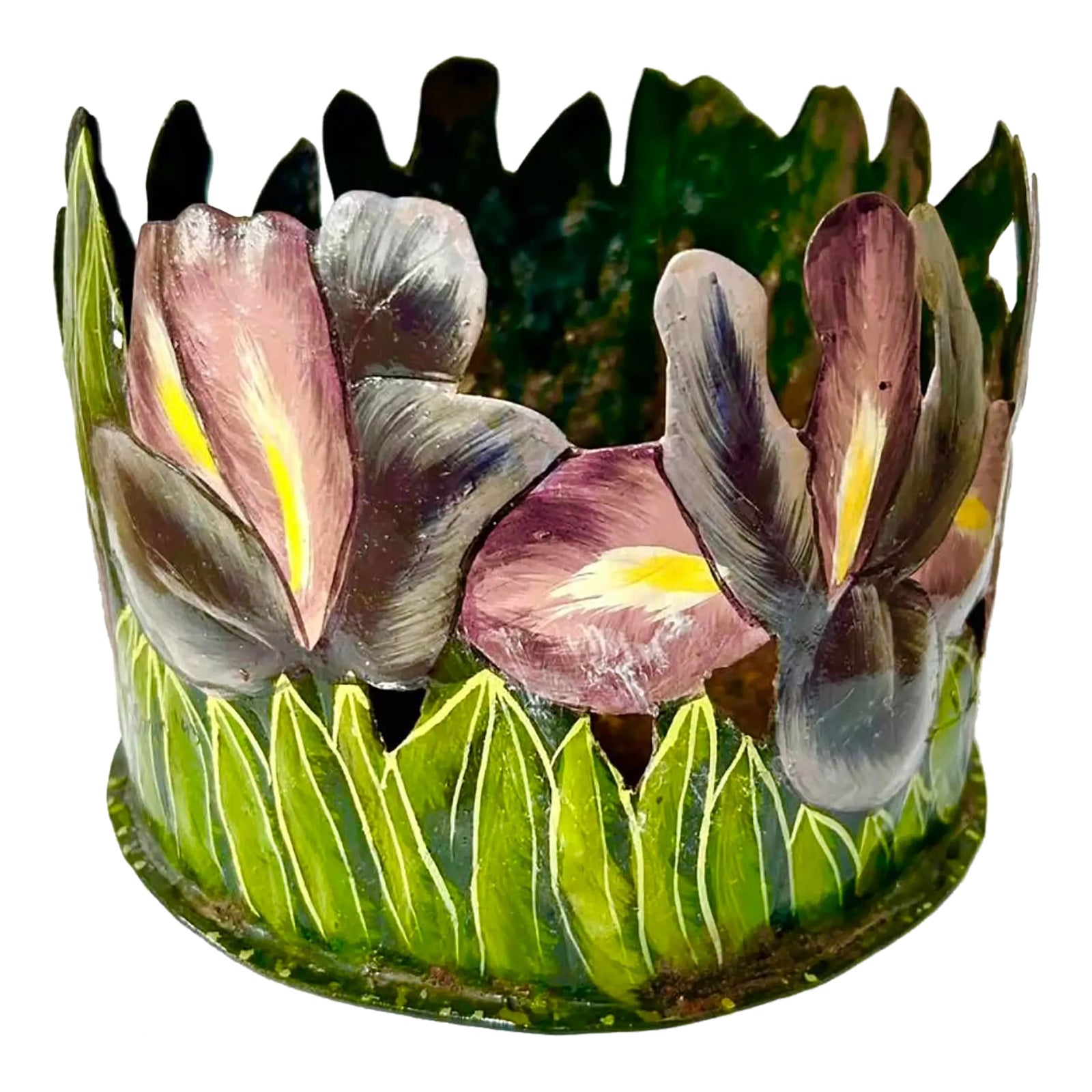 Vintage Metal Tole Wear Iris Cachepot Planter | Chairish