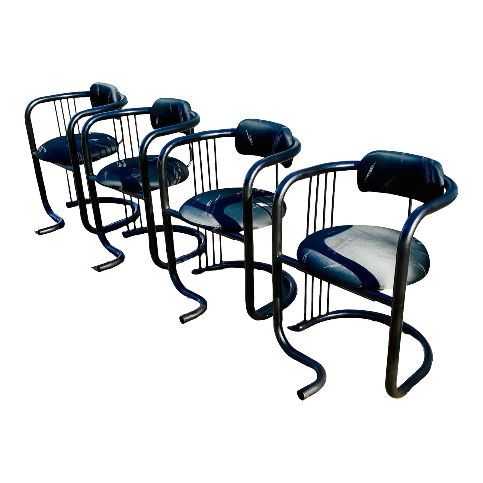 1980s Postmodern Paperclip Style Upholstered Black Metal Tubular Frame ...