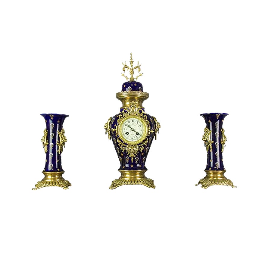 Royal Blue Mantle Clock Set from Boch Frères Keramis, 1920s, Set of 3 ...
