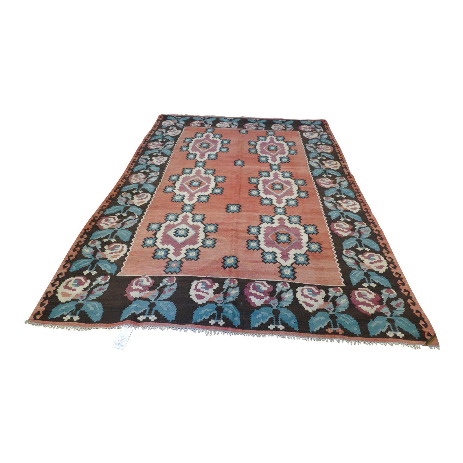 Antique Turquoise & Pink Floral Rug- 6′6″ × 9′7″ | Chairish