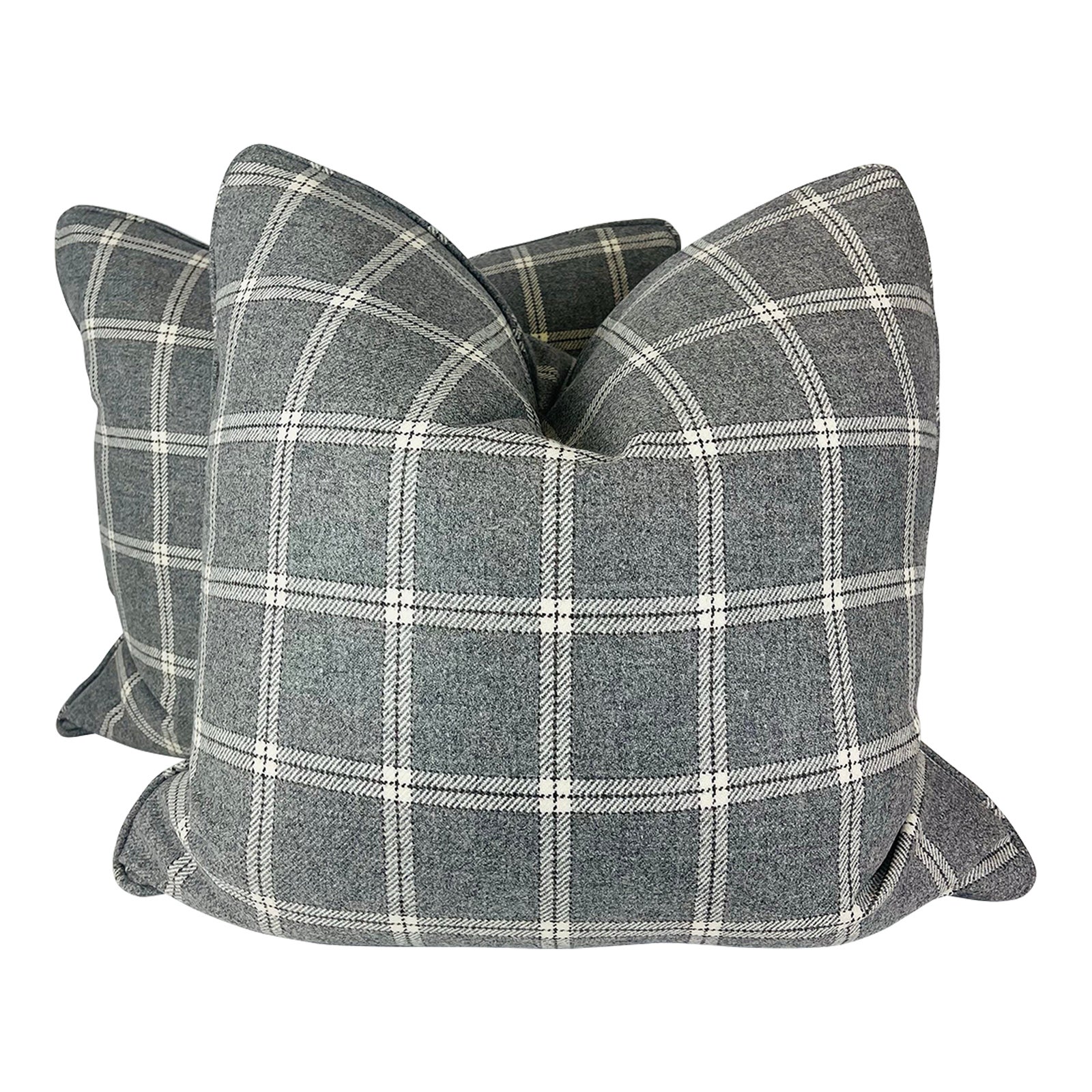 Pollack "Lambswool Plaid" in Grey Flannel 22" Pillows-A Pair | Chairish