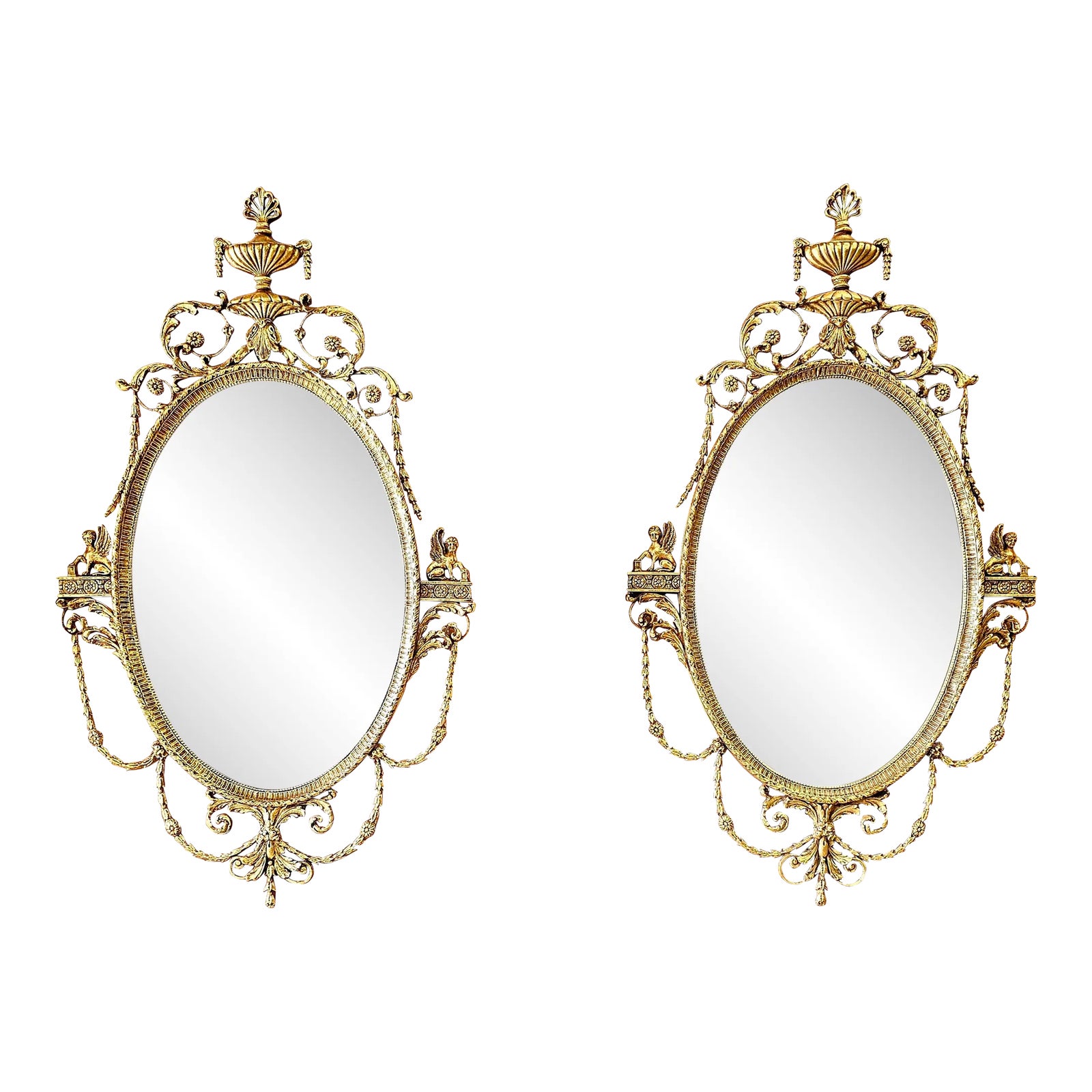 Pair Large Oval Robert Adam Style Gilt Wood Foliate Wall Mirrors | Chairish