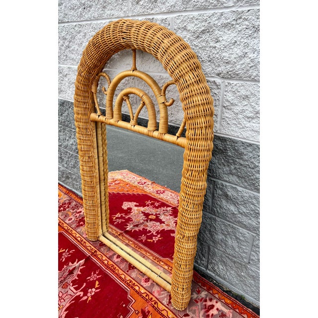 Large Vintage Arched Natural Woven and Wrapped Wicker Rattan Mirror ...