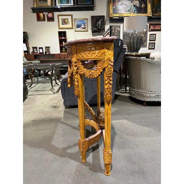 Pink Marble Top Half Moon Light Wood Ornate Table | Chairish