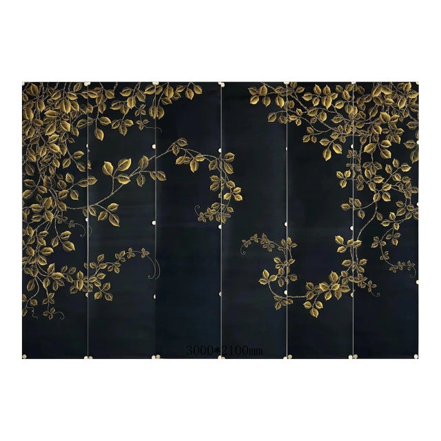 21st Century Leaves Hand Painted Wallpaper on Black Silk Panel - 6 ...