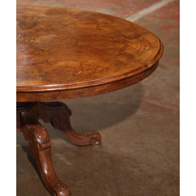 19th Century English Carved Inlaid Burl and Walnut Oval Pedestal Coffee ...
