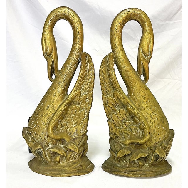 Antique Paul Poiret Style Art Deco Brass Swan Andirons by Bennett- a ...