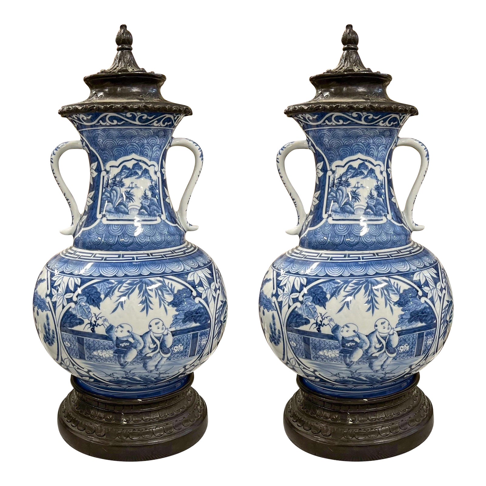 Maitland-Smith Blue & White Chinoiserie Transferware Ginger Jars With ...