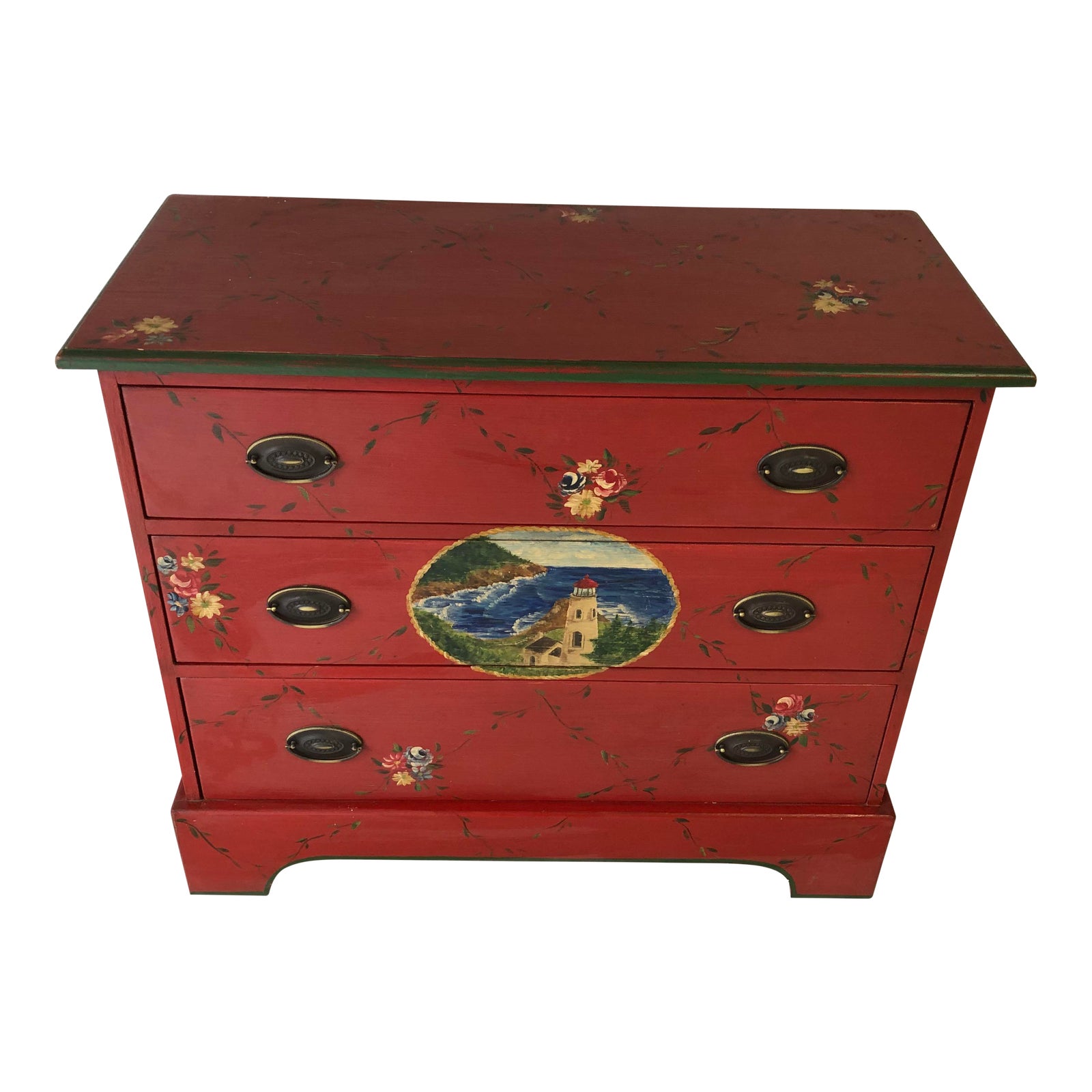 Coastal Lighthouse Folk Hand-Painted Country Chest | Chairish