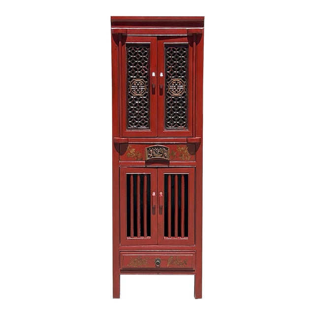 Distressed Brick Red Slim Wood Carving Shutter Doors Storage Cabinet ...