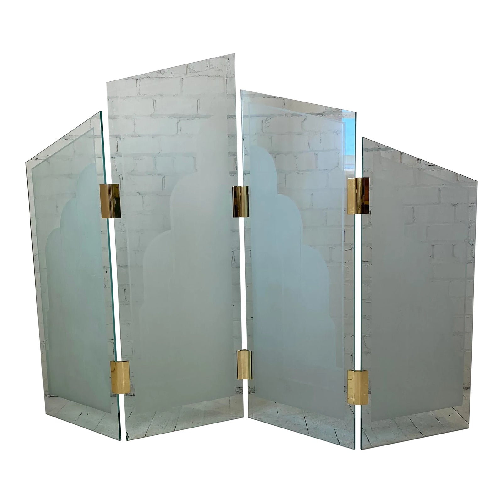 1970s Art Deco Style Glass Divider Sandblasted Glass With Brass ...