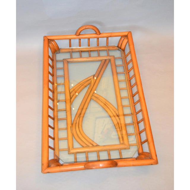 40s Boho Chic Handcrafted Bamboo Wood & Glass Table Tray, Serving Tray ...