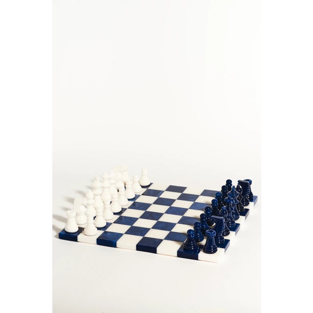 Italian Lapis Blue/White Large Alabaster Chess Set | Chairish