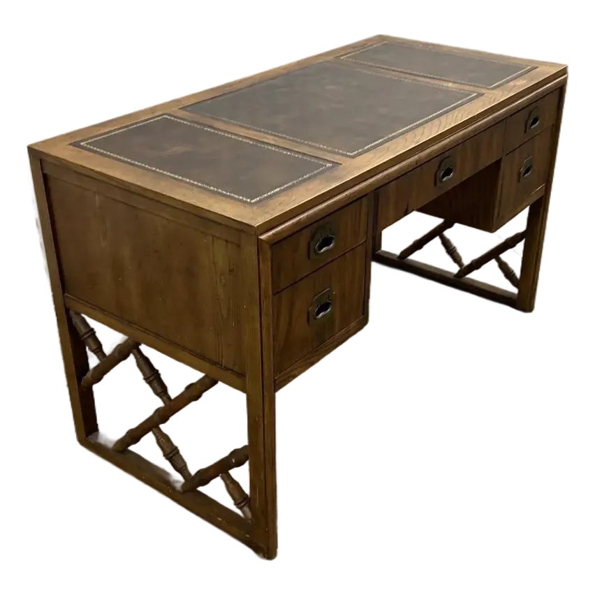 1970s Vintage Chinese Chippendale Campaign 5 Drawer Writing Desk With ...