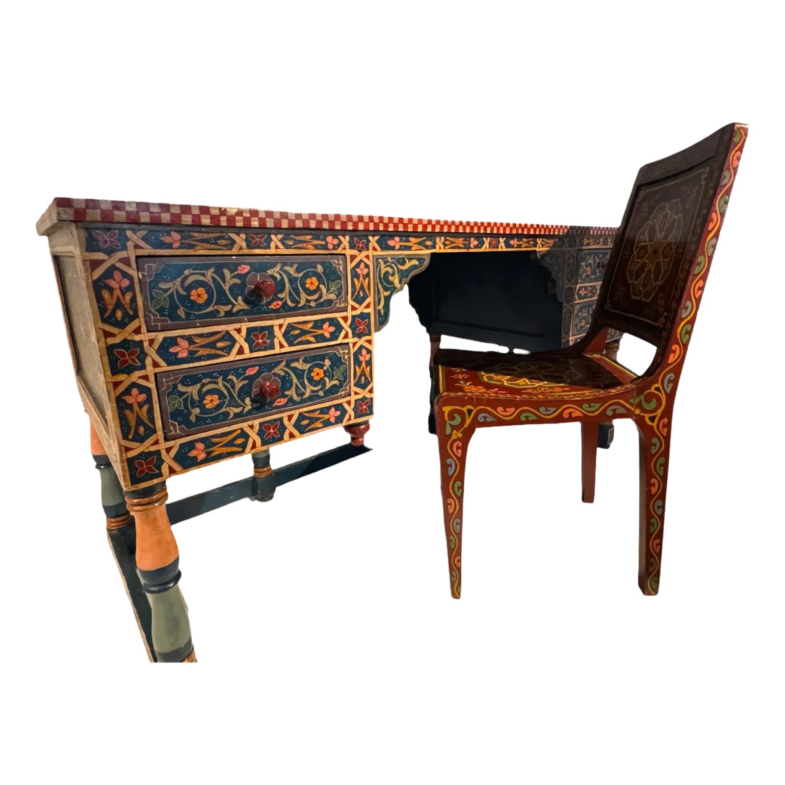 Vintage Moroccan Hand Painted Desk and Chair Late 20th Century - Set of ...