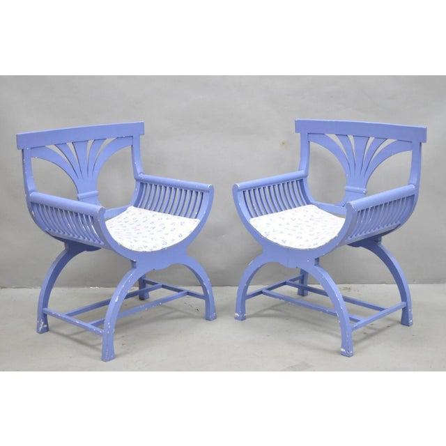 Vintage Hollywood Regency Italian Style Blue Curule X-Frame Arm Chair ...