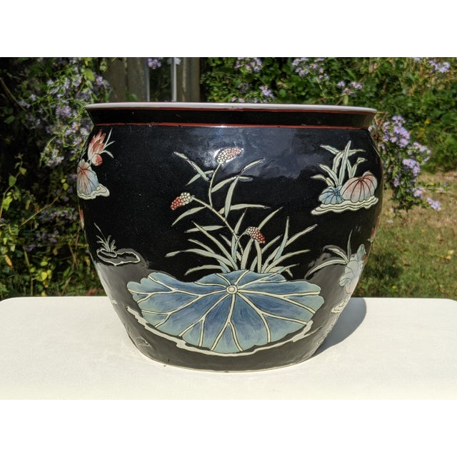 1980s Chinese Porcelain Famille Noir Lotus Planter Jardiniere With Coy ...