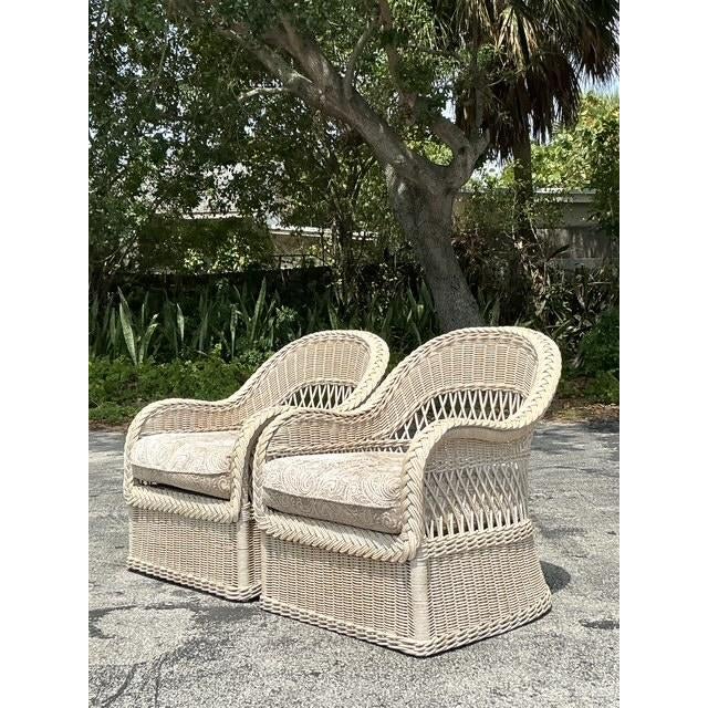 Vintage Coastal Henry Link Braided Rattan Lounge Chairs - A Pair | Chairish