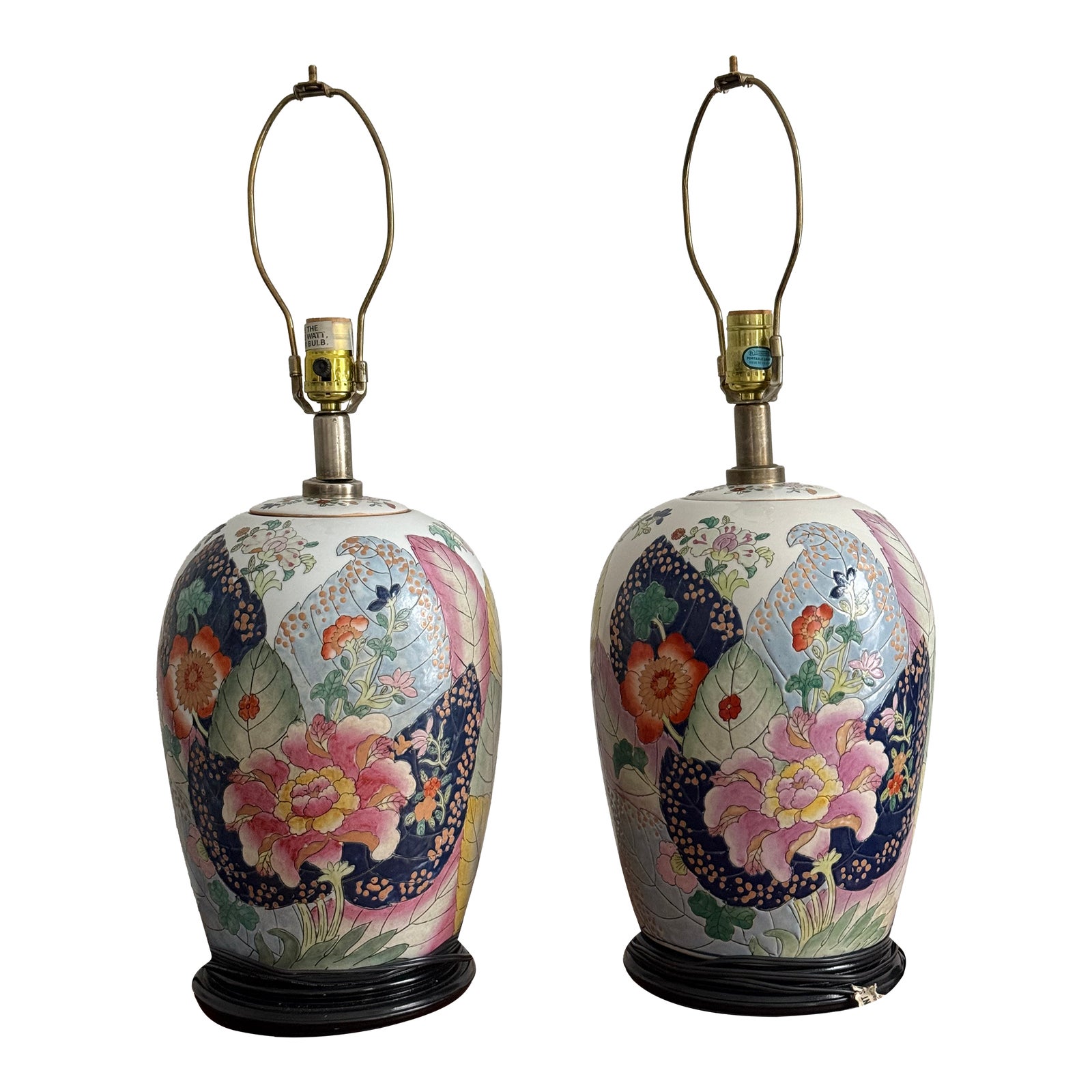 Mid 20th Century Chinoiserie Hand Painted Tobacco Leaf Porcelain Lamps ...