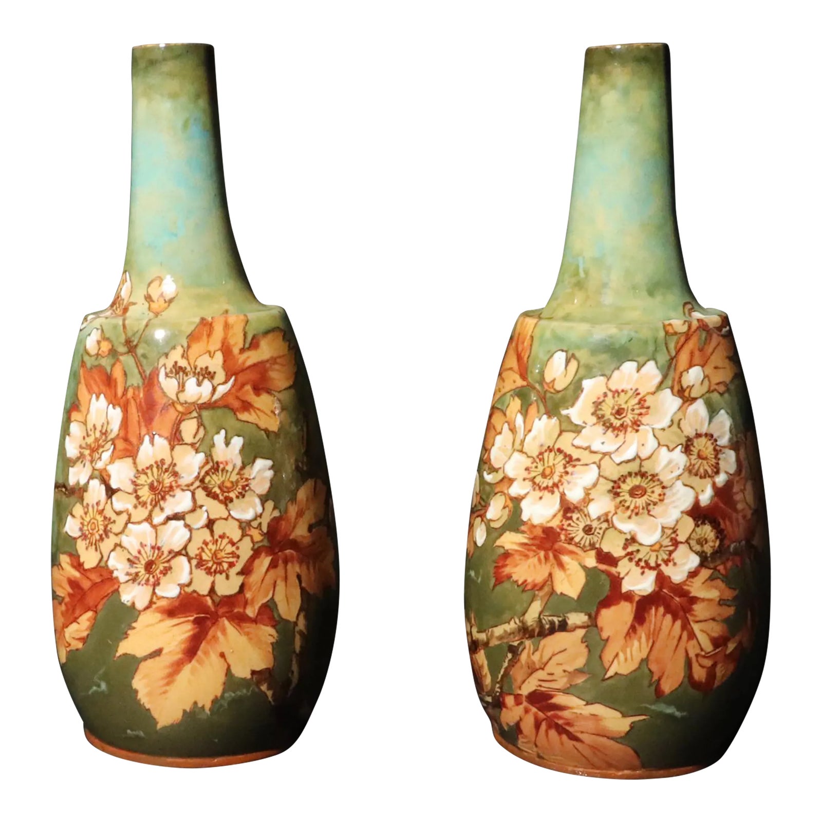 English Pottery Vases Decorated With Flowers and Leaves, Doulton | Chairish