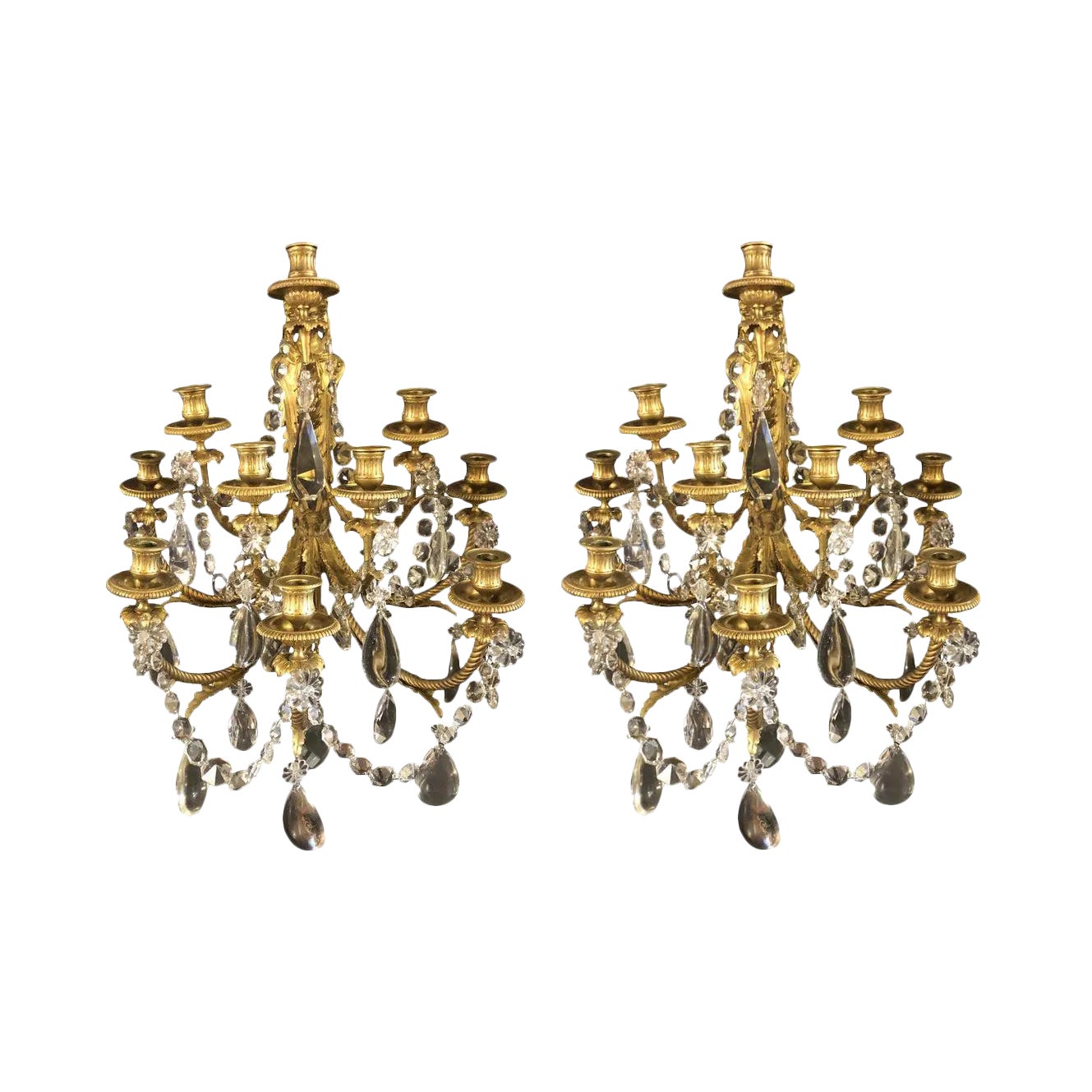 Pair of Antique Bronze and Crystal Sconces by Paul Garnier | Chairish