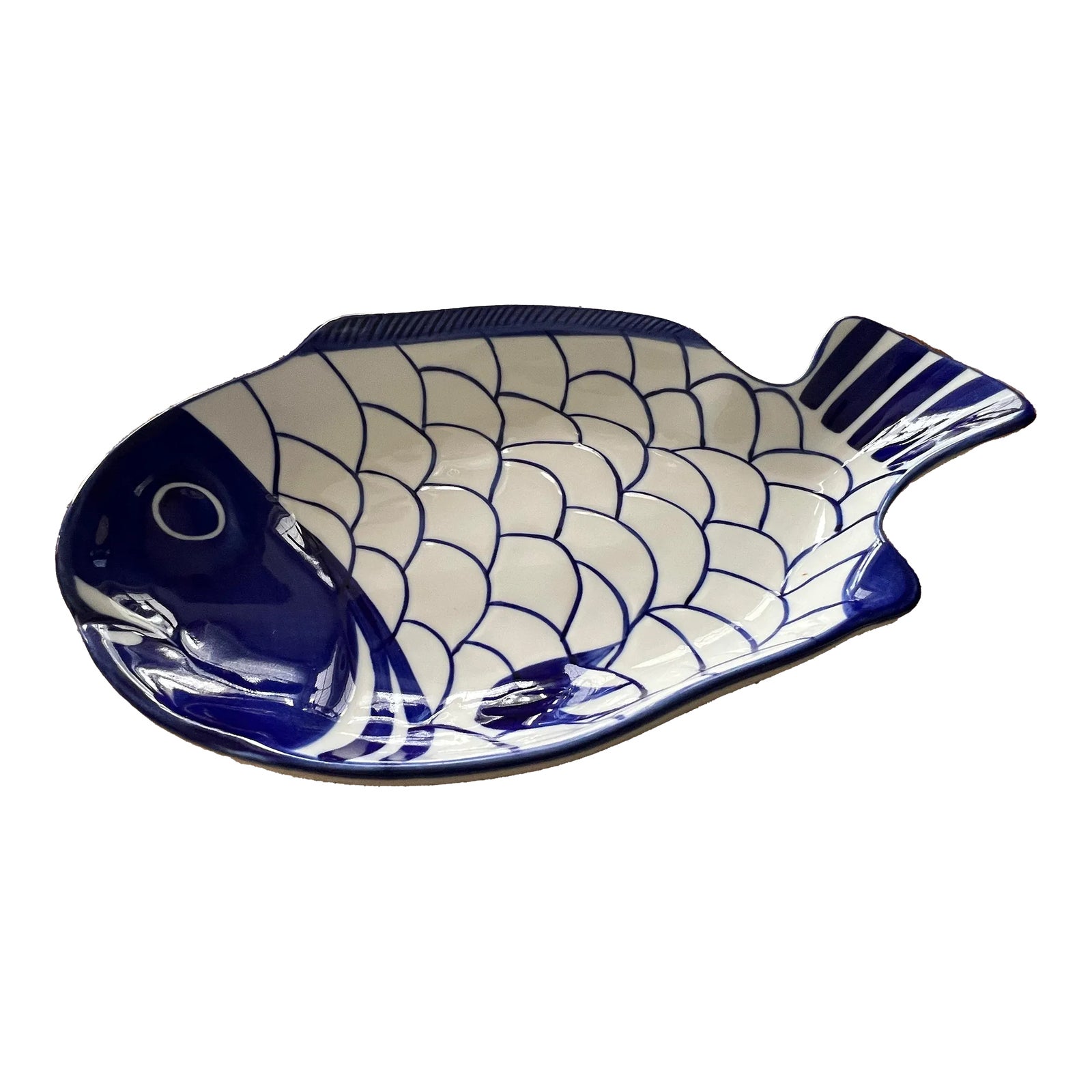 Vintage Dansk Blue and White Hand Painted Ceramic Fish Platter | Chairish
