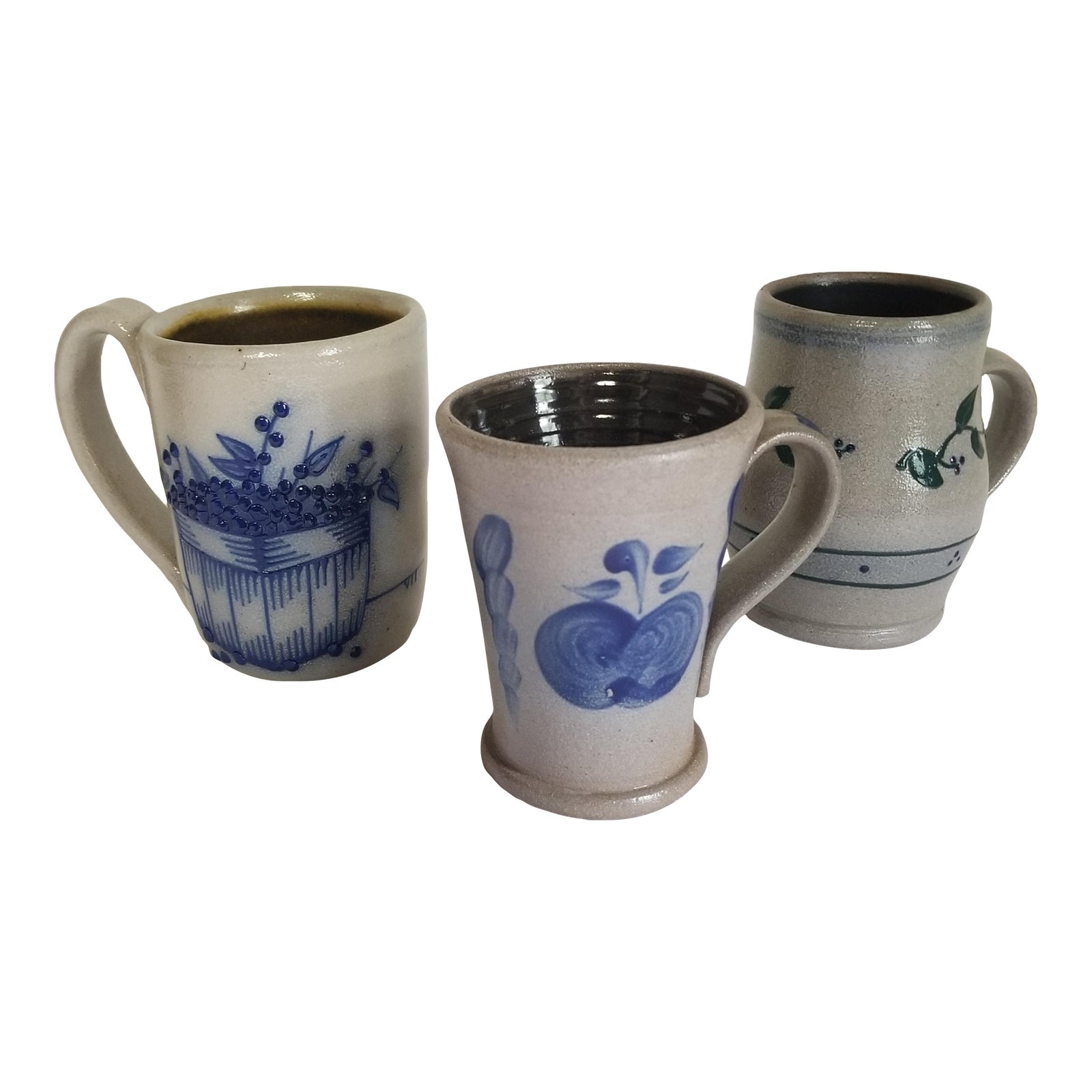 2000s Rowe Pottery Works Salt-Glazed Mugs With Blue Imagery- Set of 3 ...
