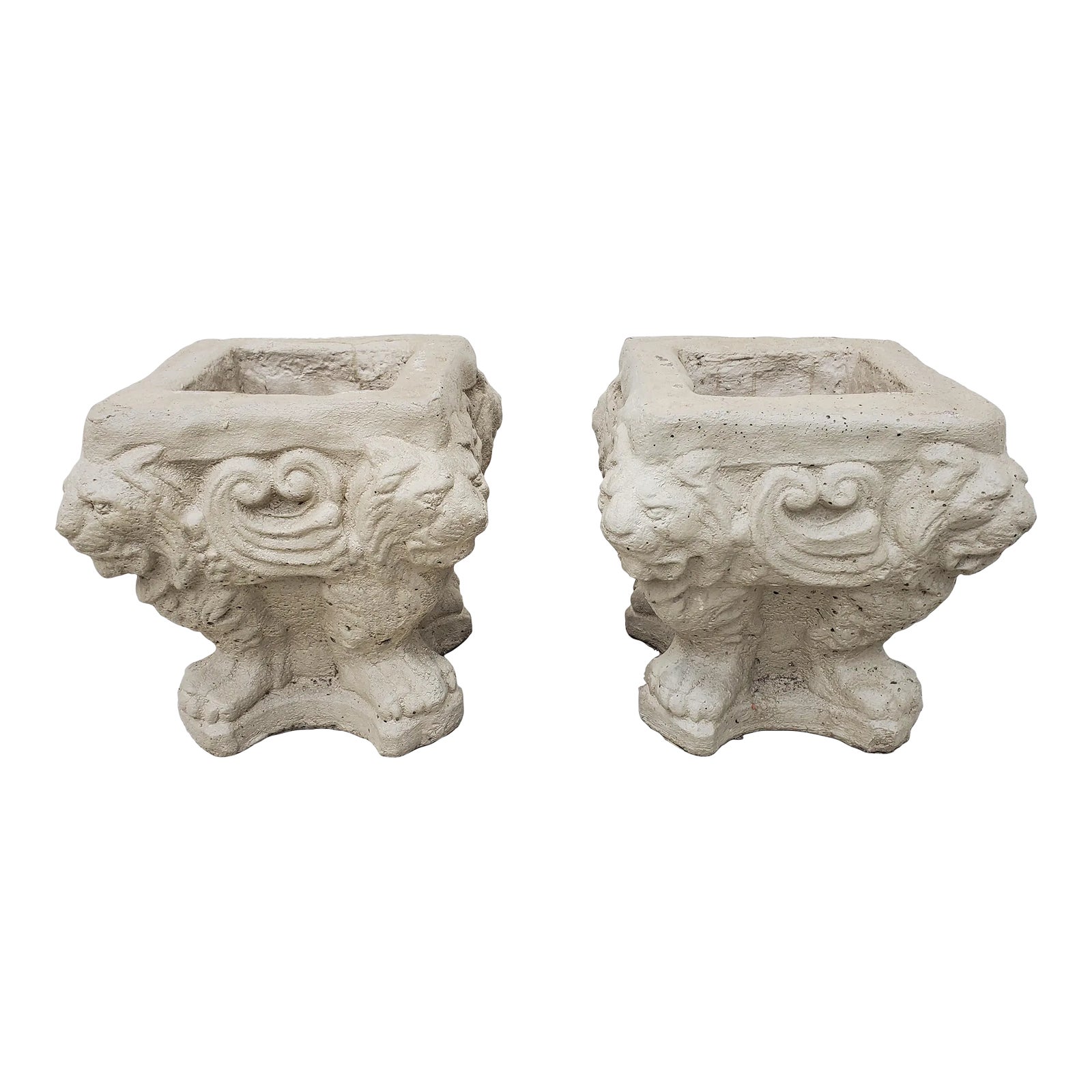 Pair of Early 20th Century Painted Square Cast Stone Lion's Heads and ...