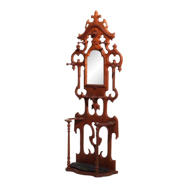 Antique Victorian Gothic Mirrored Walnut Hall Tree With Umbrella Stand ...