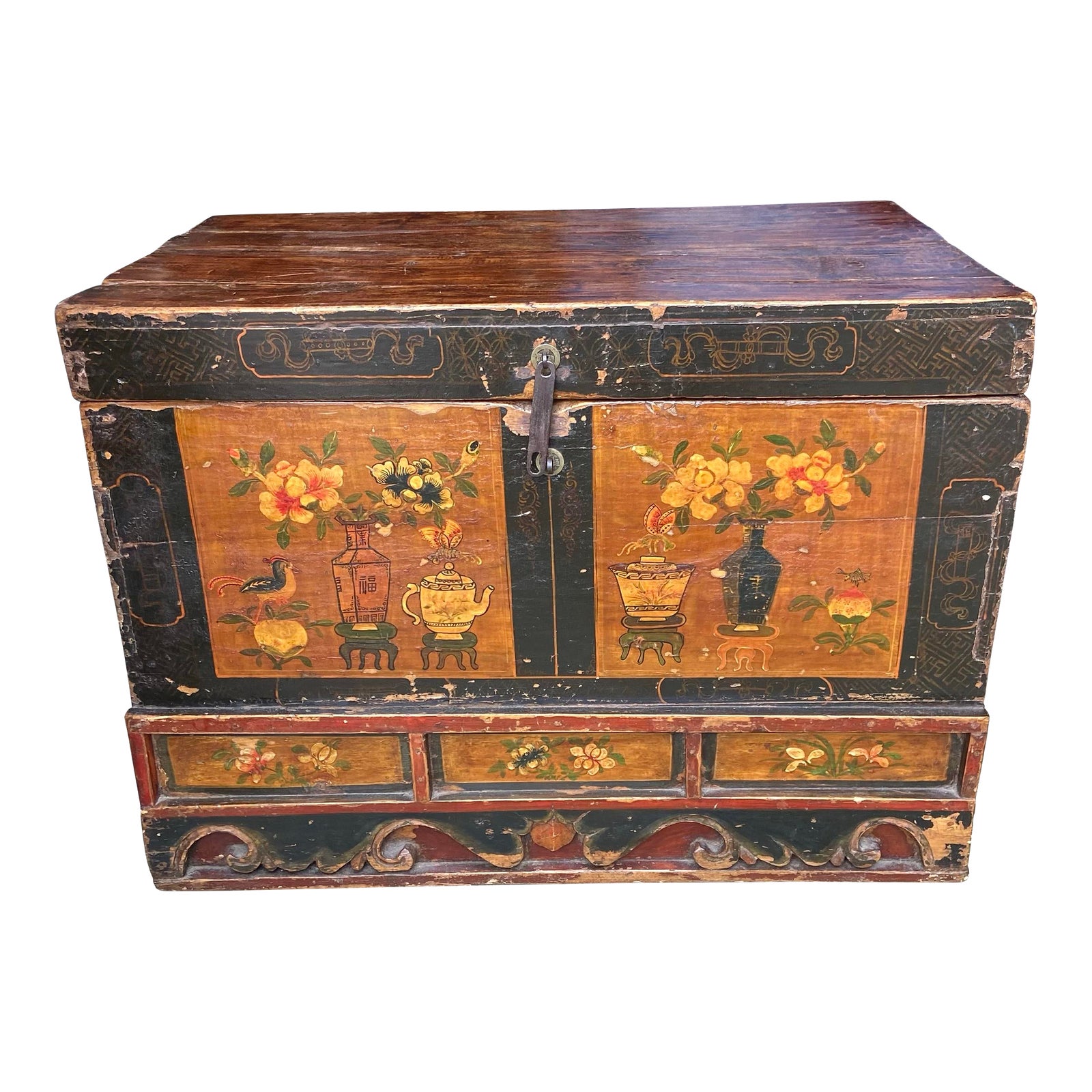 Antique Century Chinese Painted Wooden Chest | Chairish
