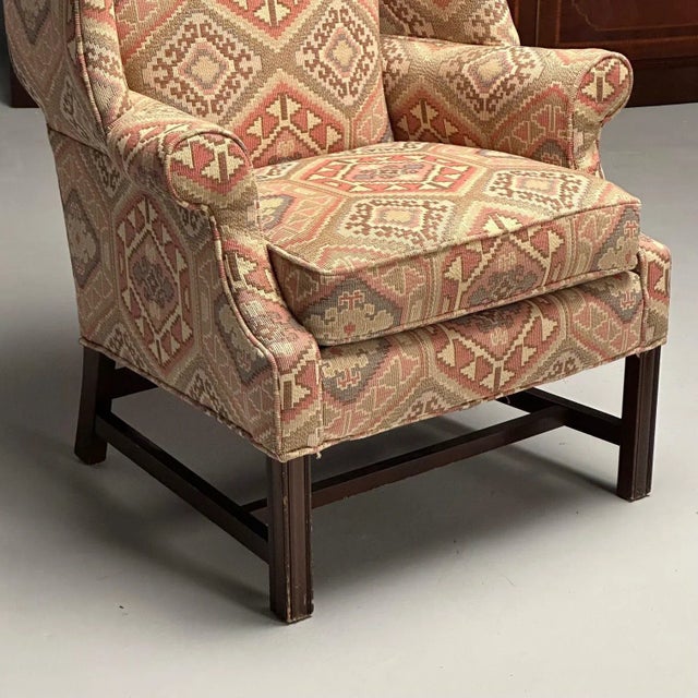 English Georgian Style, Wingback Chairs, Pink Aztec Print, Tapestry ...
