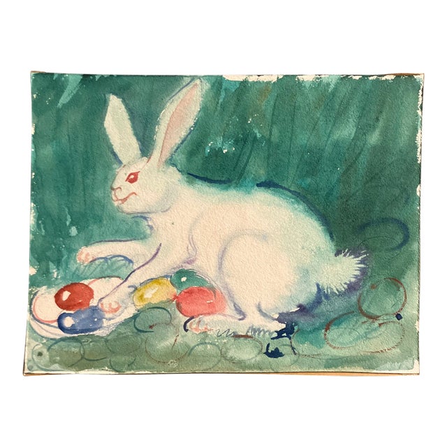 1950’s Vintage Original Rabbit With Easter Eggs Watercolor Painting ...