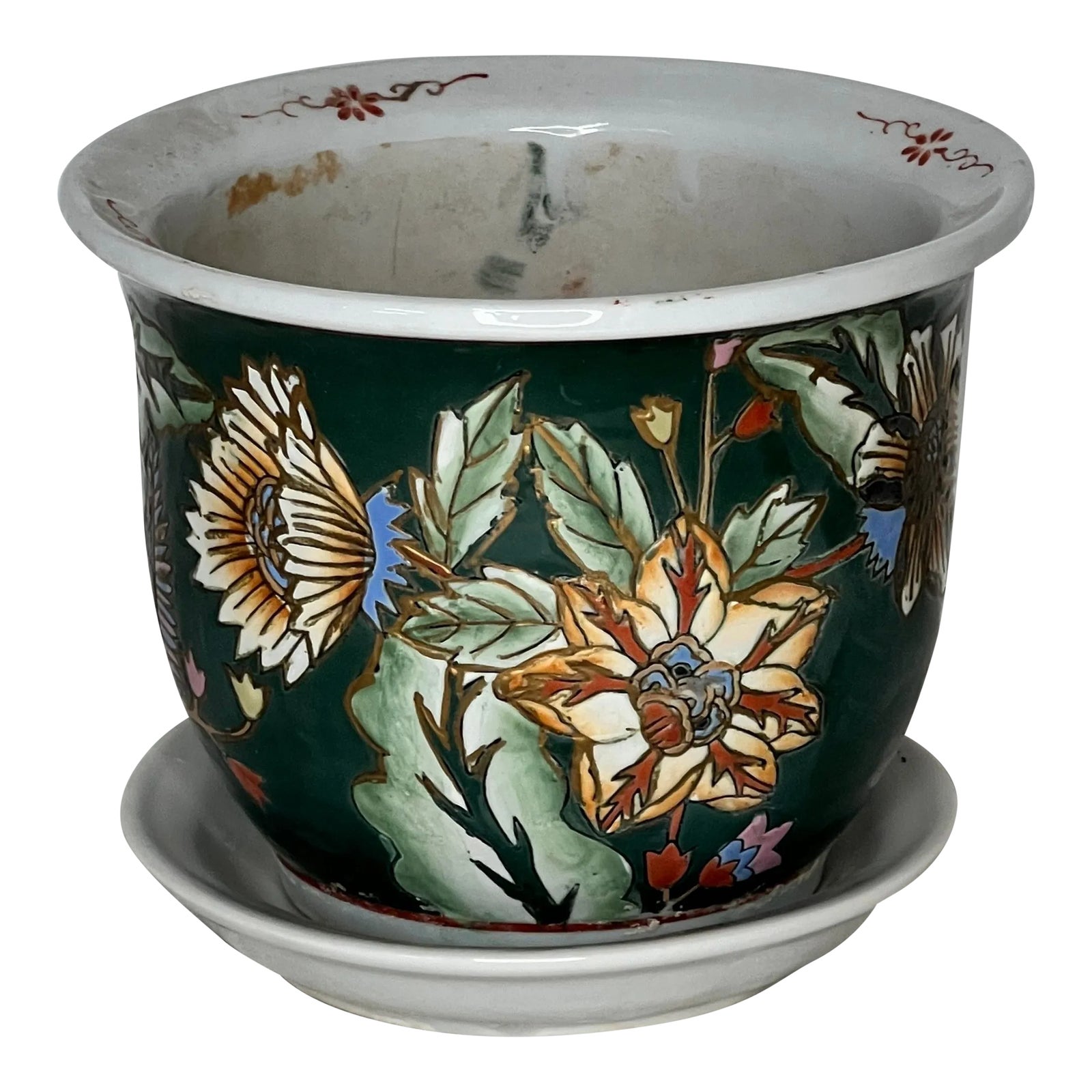 Vintage Chinoiserie Fishbowl Style Cachepot W / Water Tray | Chairish