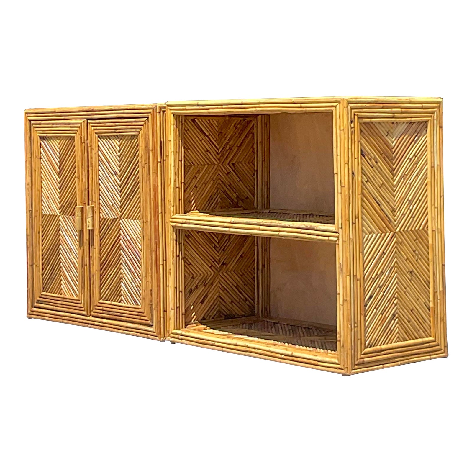 Vintage Costal Chevron Pencil Reed Cabinets - Set of 2 | Chairish