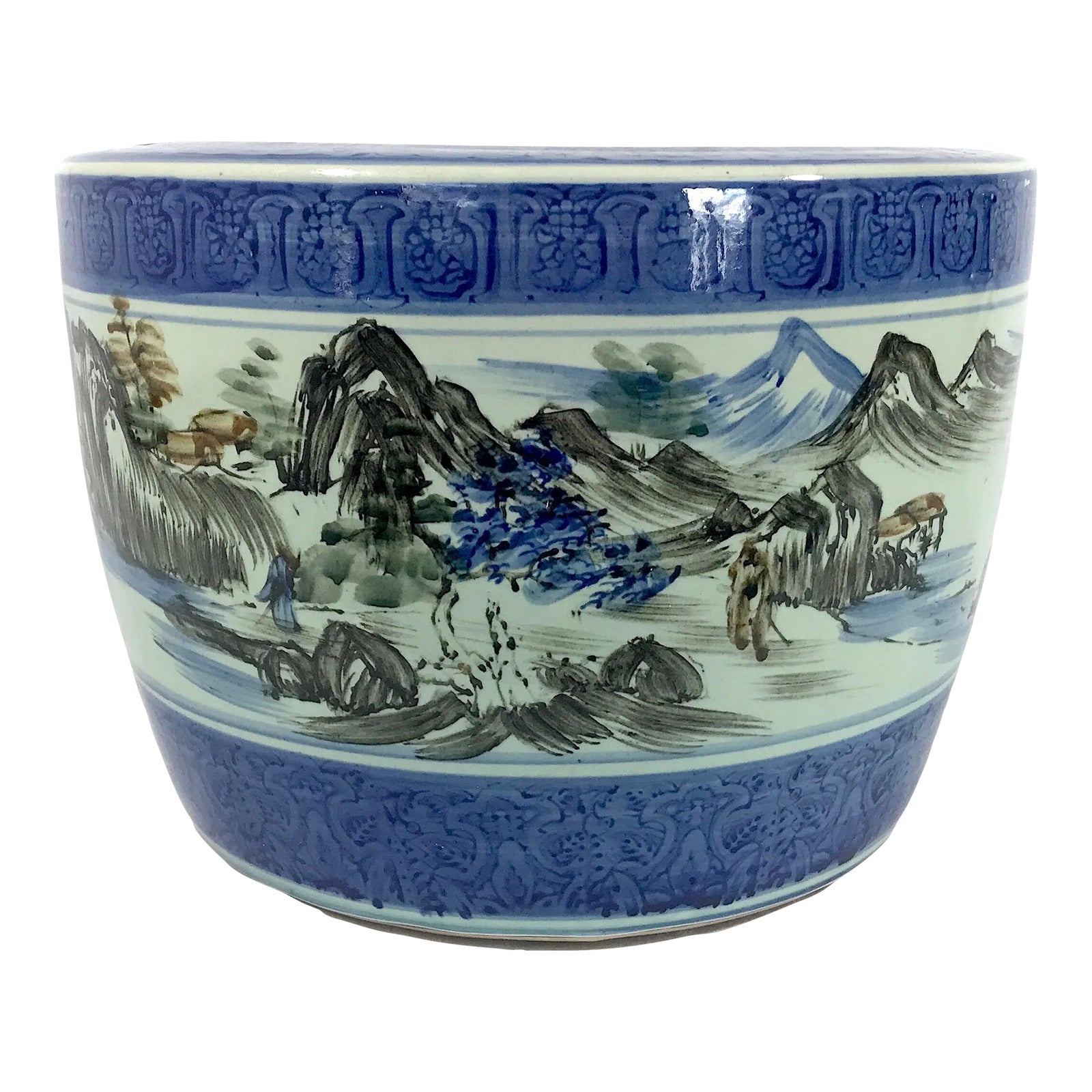 Vintage Hand Painted Blue & White Porcelain Chinese Planter, Shan Shui ...
