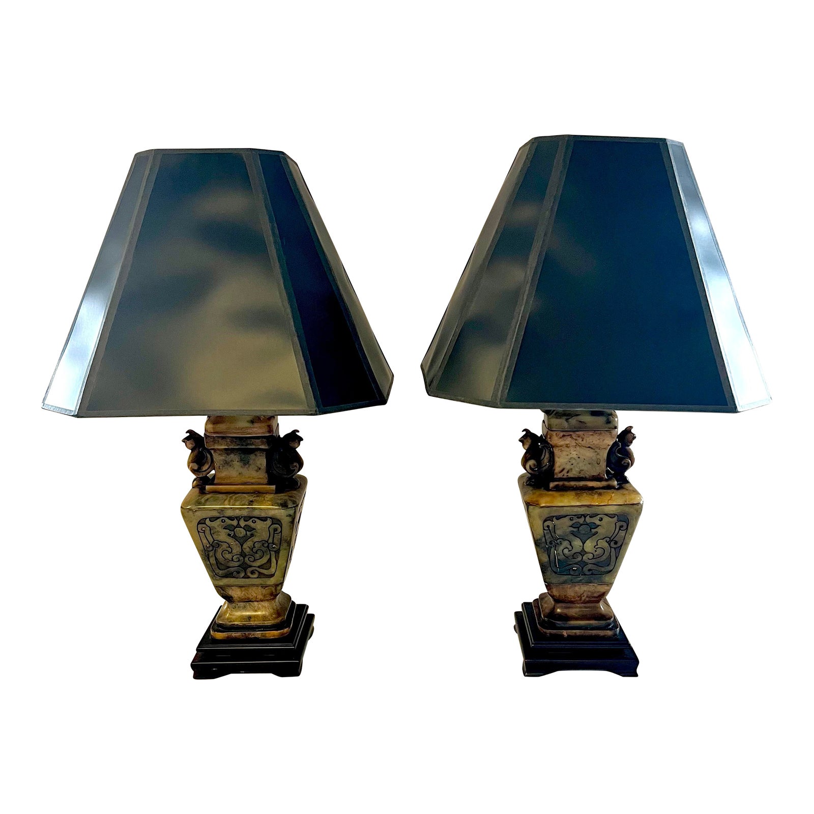 Pair of Chinese Carved Alabaster Lamps With Birds and Dragons | Chairish