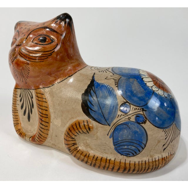 Mexican Tonala Glazed Folk Art Pottery Cat | Chairish