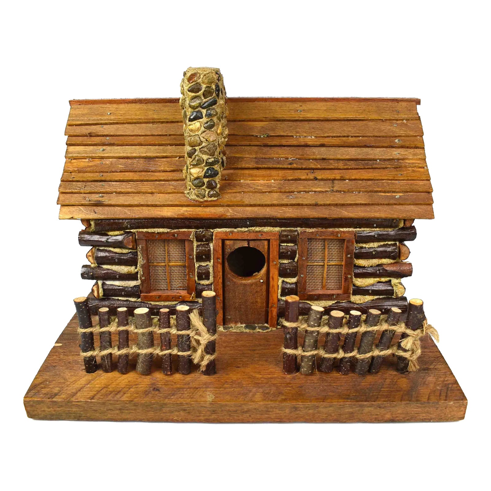 Late 20th Century Handmade Wood And Stone Log Cabin Design Birdhouse