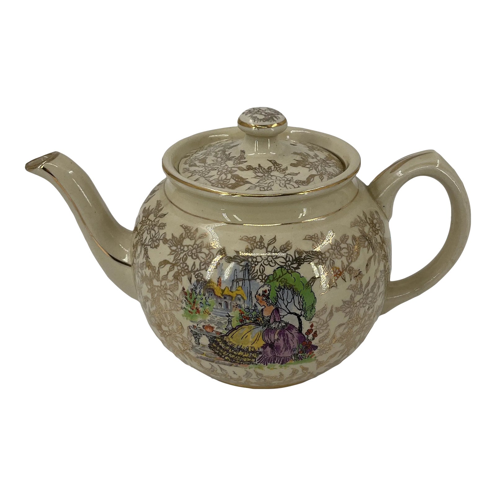 Vintage Sadler Tea Pot England Gold Flowers and Trim Lady and House on ...