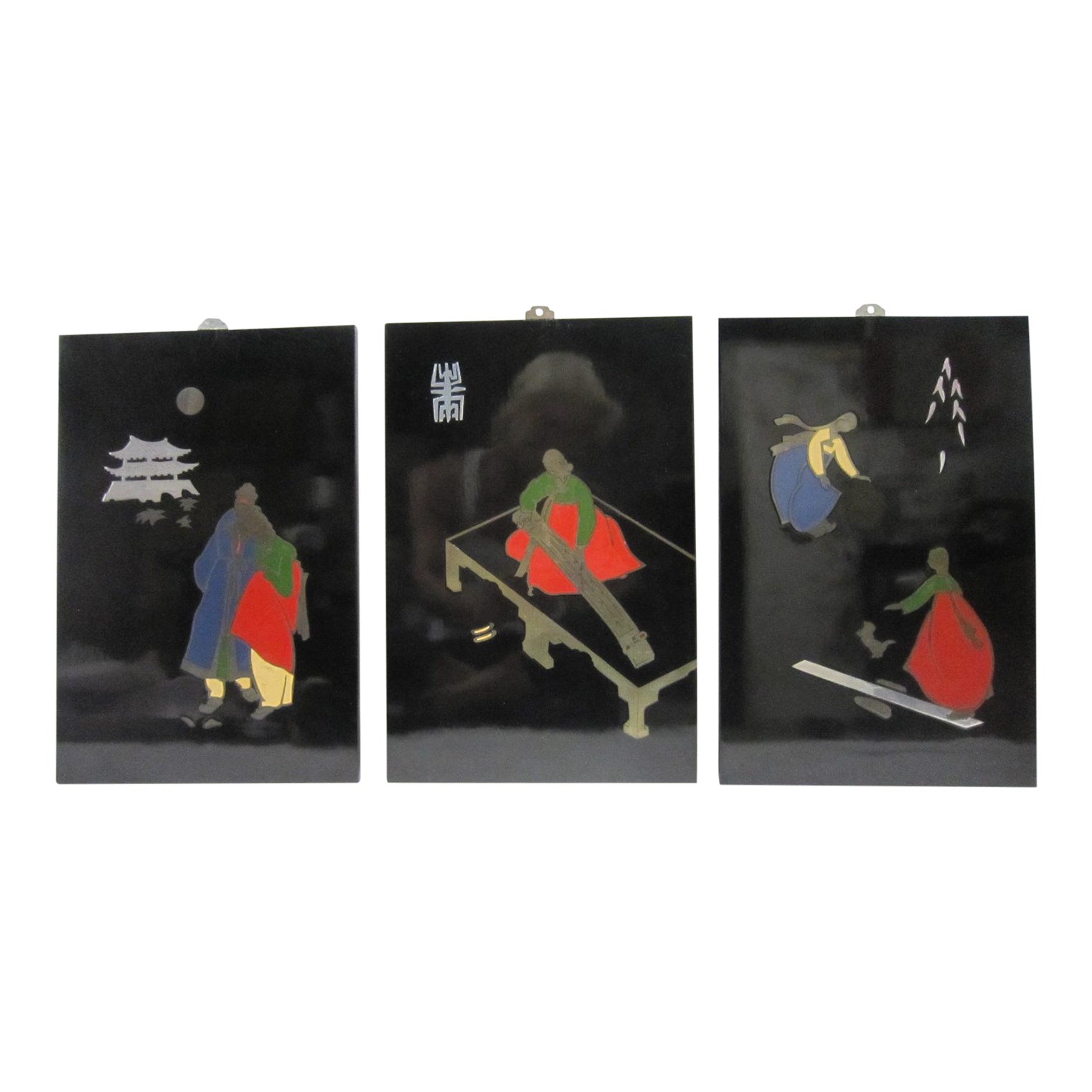 Mid Century Korean Lacquer Panels, S/3 | Chairish