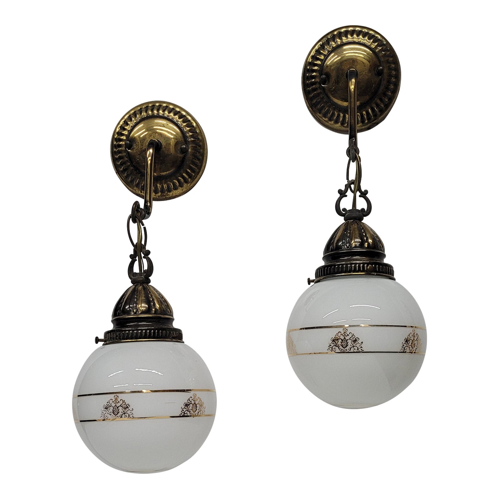 Mid-Century White and Gold Glass Shade Hanging Swag Wall Sconces - a ...