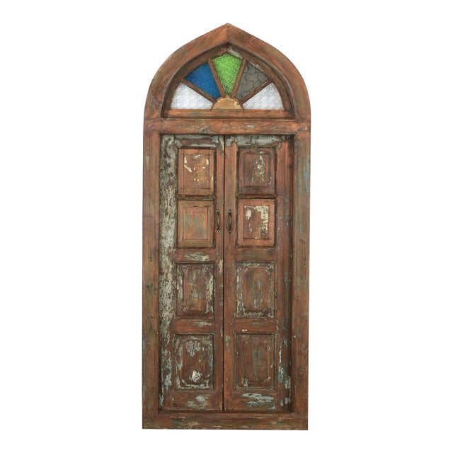 Vintage Rustic Indian Arched Teak Wood Door With Glass | Chairish