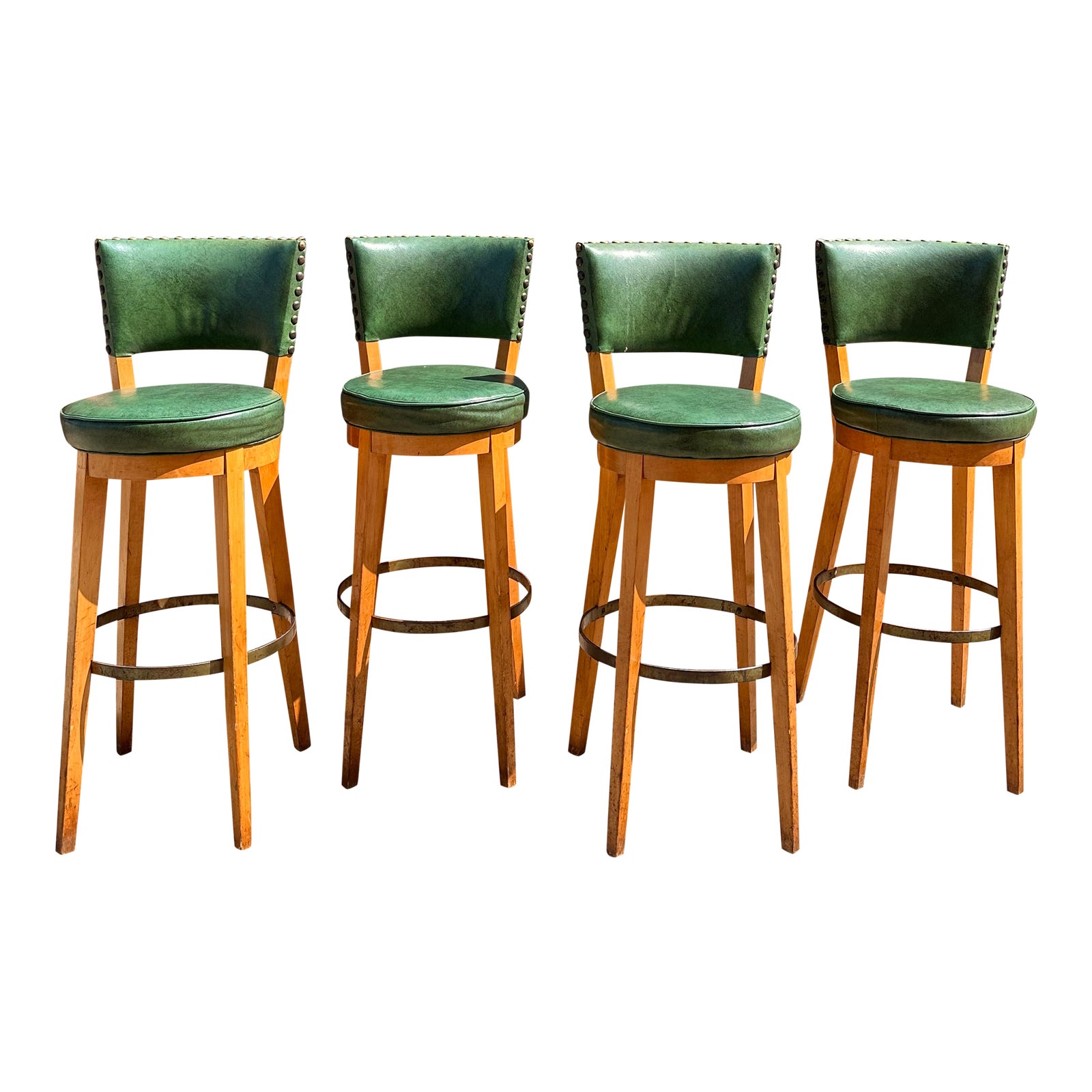 1970s 4 Green Vinyl Bar Stools With Metal Footrest & Nailhead Detail ...
