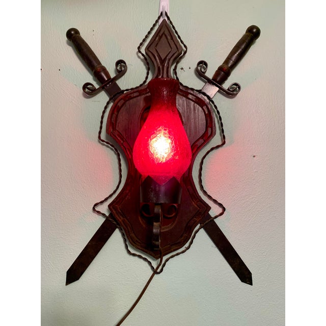 Medieval Vintage Gothic Brutalist Metal Scroll Wood Swords Wall Sconce ...