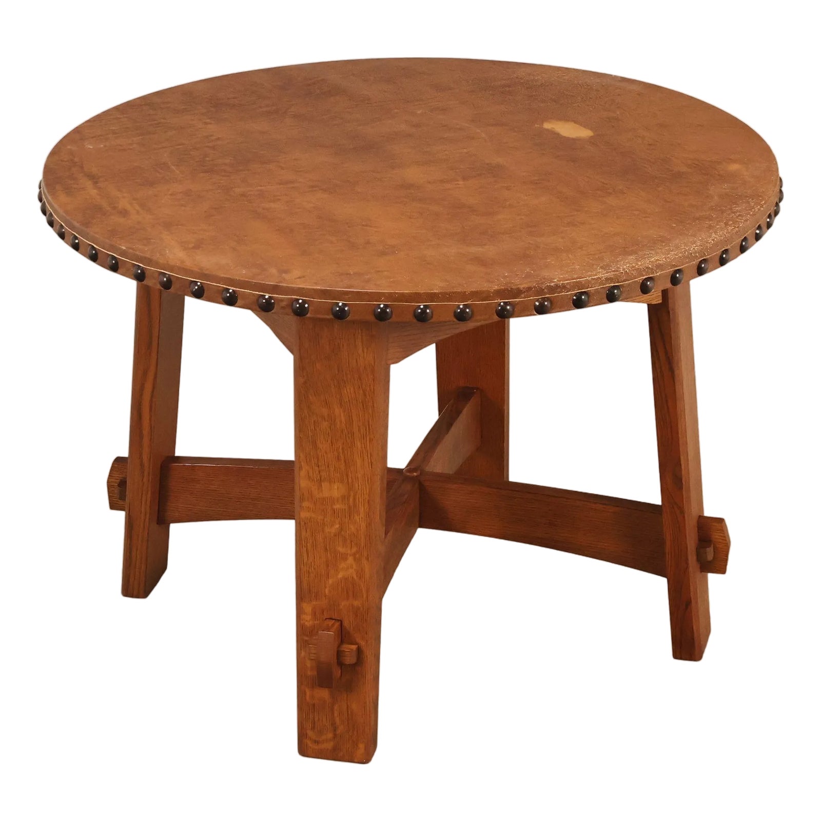 Stickley Commemorative Leather-Top Round Oak Library Table | Chairish