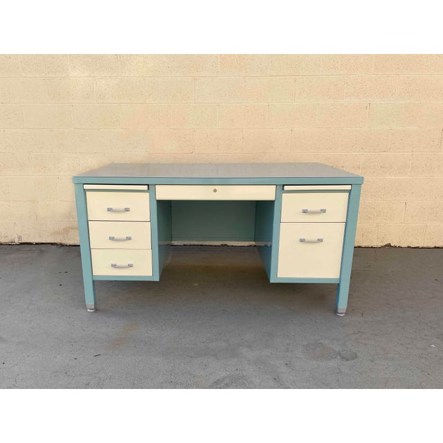 Mid Century Double Pedestal Tanker Desk Refinished in Sea Foam | Chairish